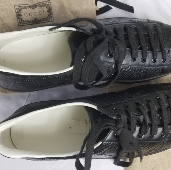 Gucci | Shoes | Gucci Black Ace Sneakers Gg Embossed Leather G 1 | Poshmark